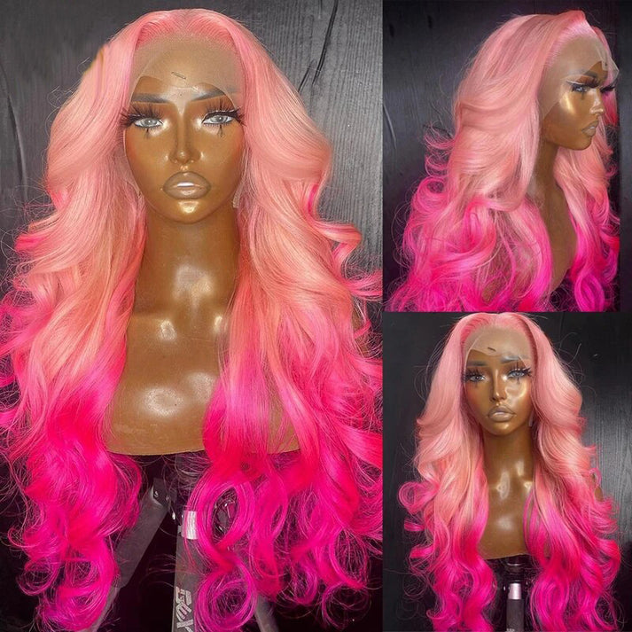 Body Wave Wig Rose Pink 13x4 HD Lace Front Wig Colored Barbie Pink Hum ...