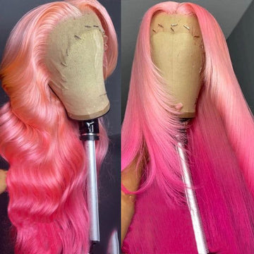 Body Wave Wig Rose Pink 13x4 HD Lace Front Wig Colored Barbie Pink Hum ...