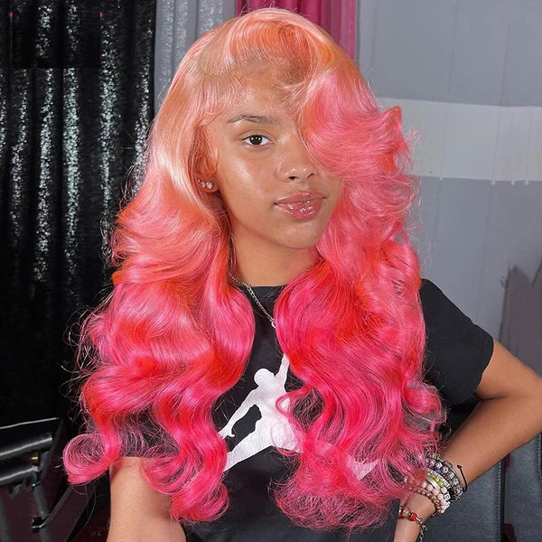 Body Wave Wig Rose Pink 13x4 HD Lace Front Wig Colored Barbie Pink Hum ...