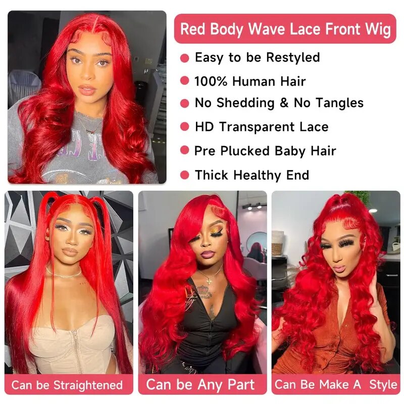 OneMore Glueless Red Lace Front Wig Body Wave 13x4 HD Transparent Lace ...