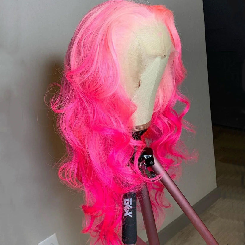 Body Wave Wig Rose Pink 13x4 HD Lace Front Wig Colored Barbie Pink Hum ...