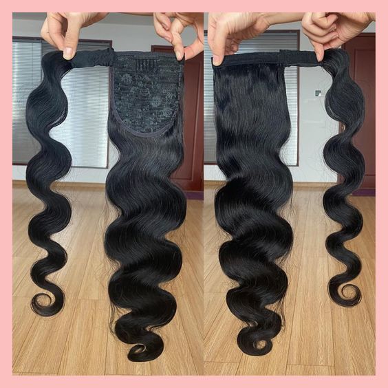 Body Wave Ponytail Human Hair Extension Long Wavy Wrap Around Clip In ...