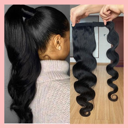 Body Wave Ponytail Human Hair Extension Long Wavy Wrap Around Clip In ...