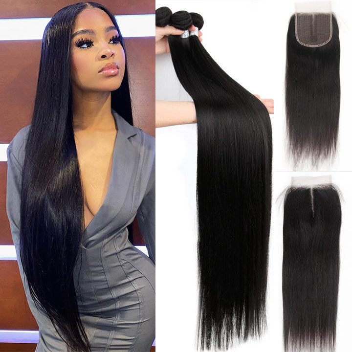 Straight Weave Bundles With Closure 4x4 Lace Closure With 3 Bundles Br ...