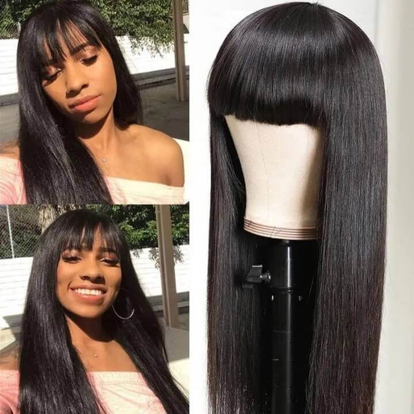 Affordable Machine Made Wig| 100% Human Hair Straight Wig with Bangs ...