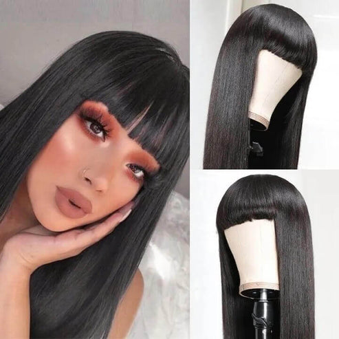 Affordable Machine Made Wig| 100% Human Hair Straight Wig with Bangs ...