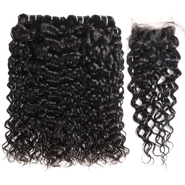 10A Peruvian Water Wave 4 Bundles with 4*4 Lace Closure One More Hair ...