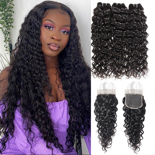 Peruvian Water Wave Hair 3 Bundles with 4x4 Lace Closure One More Hair ...